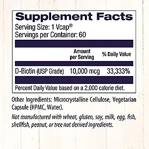 Healthy Origins Ultra-Potency Biotin (B7), 10,000 mcg - Supports Skin, Hair & Nails - High-Grade Vitamin B7 - Non-GMO, Gluten-Free Biotin for Vegans - 60 Veggie Capsules