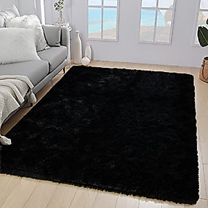 Soft Black Rug for Living Room, Washable 4'X6' Fluffy Shag Area Rug for Bedroom Nursery Room, Throw Shaggy Furry Carpet, Rectangle Faux Fur Plush Fuzzy Rugs for Beside Teen Room Home Décor
