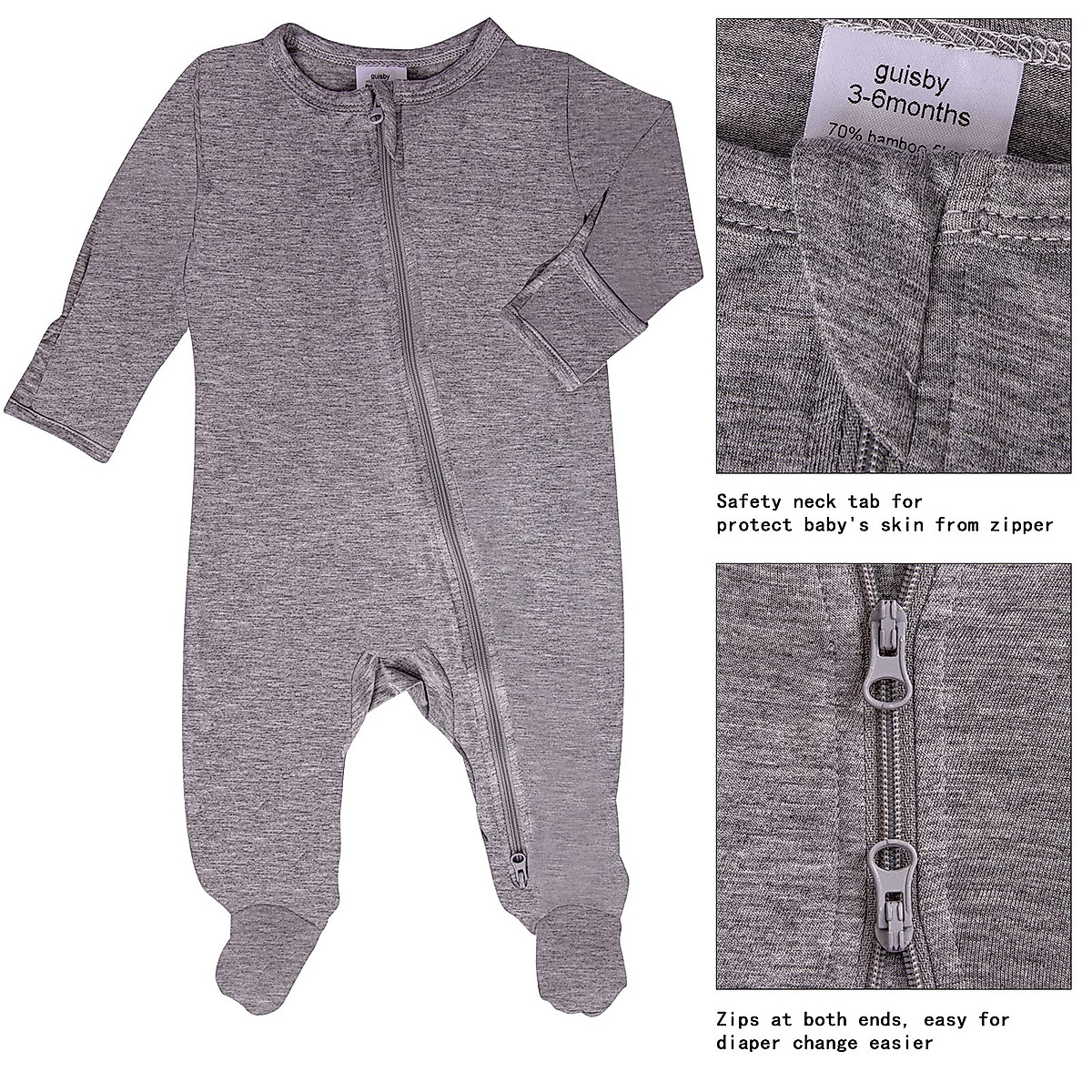 GUISBY Baby Boy Rayon Pajamas 2 Way Zip Front, Sleep and Play Footies Long Sleeve Grey Pjs Jumpsuit Black-Grey-0-3