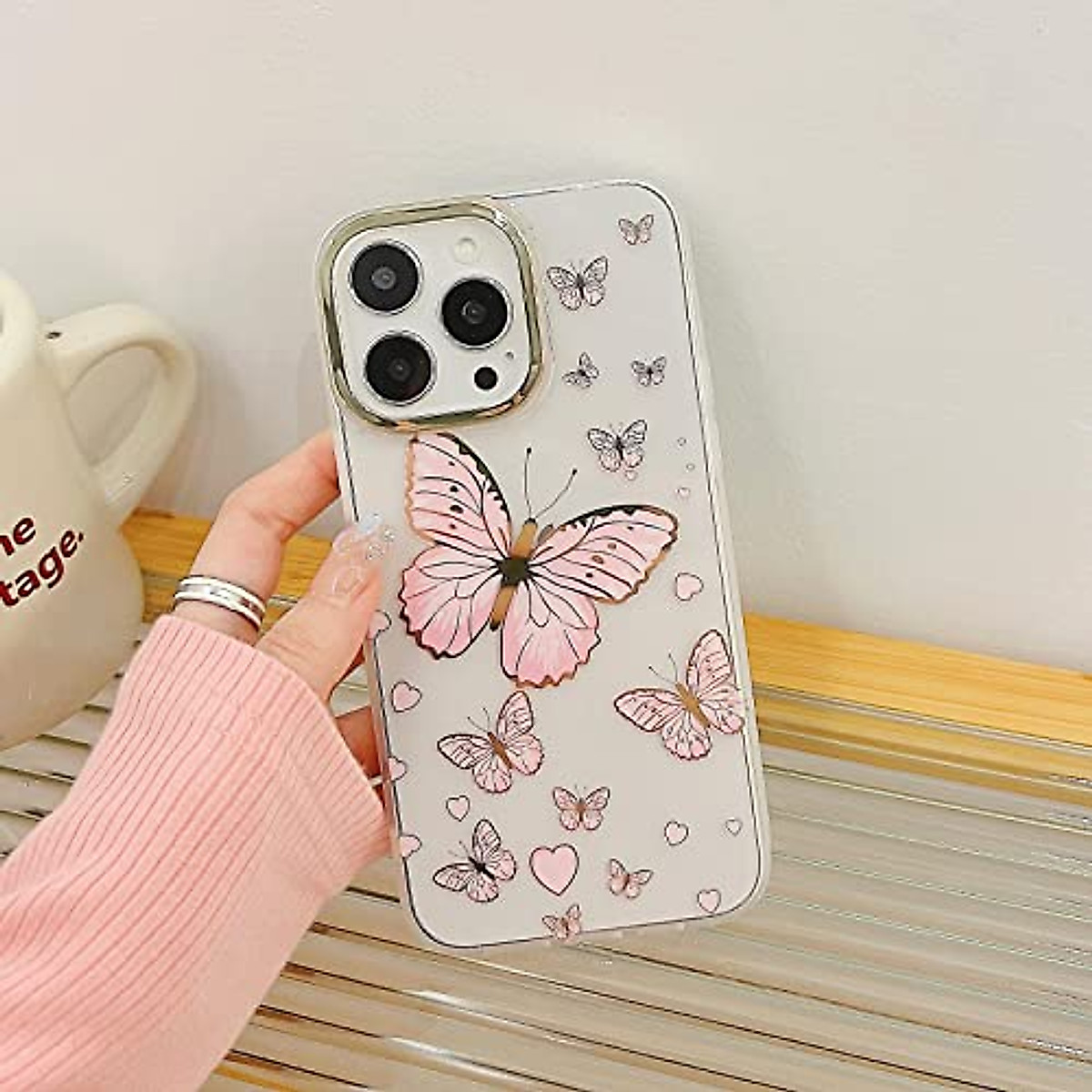ooooops Compatible with iPhone 14 Pro Max Case for Women Girls, Glitter Golden Butterflies, Cute Love Heart Shaped Pattern, Hard Panel Clear Protective Phone Cover for iPhone 14ProMax(Pink Butterfly)