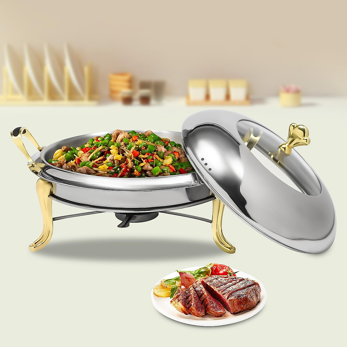 Round Chafing Dish,Stainless Steel Chafing Dish Buffet Chafer,2.5L Catering Chafers and Buffet Warmers with Fuel Holder,for Hotels,Buffets,Restaurants,Family Gatherings (Gold)