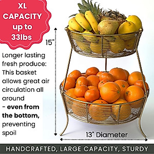 CIBENI Gold Fruit Basket Stand - 13" x 15"H Handcrafted 2 Tier Fruit Basket for Kitchen Counter Fruit Holder for Kitchen Countertop - Gold