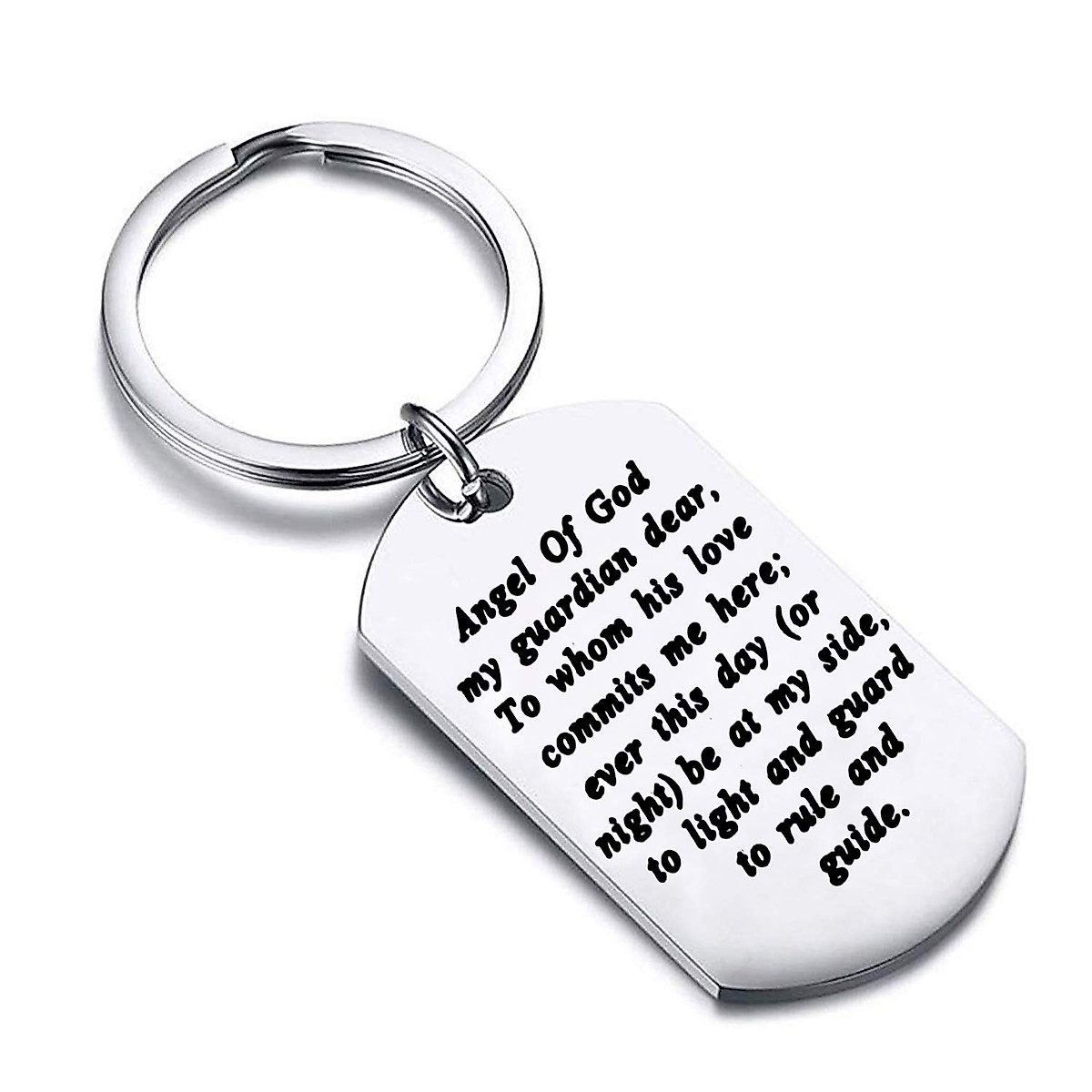 BEKECH Guardian Angel Keychain Angel of God My Guardian Dear Prayer Dog Tag Pendant Keychain Guardian Angel Protect Traveller Gift Religious Baptism Gift (silver)