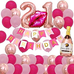 Pink 21st Birthday Decorations for Her Rose Gold Hot Pink Balloons, Happy Birthday Banner Pink, 21 Balloon Number Rose Gold, Hot Pink Lips Balloon, Champagne Bottle Balloon, Finally 21 Bday Supplies