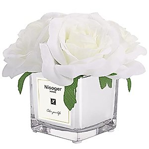 Nisoger Artificial Flowers in Vase, White Silk Rose Faux Flowers in Vase, Fake Flowers with Vase Bouquets Arrangements Home Decoration for Dinning Table Centerpieces Bedroom Bathroom Kitchen, White