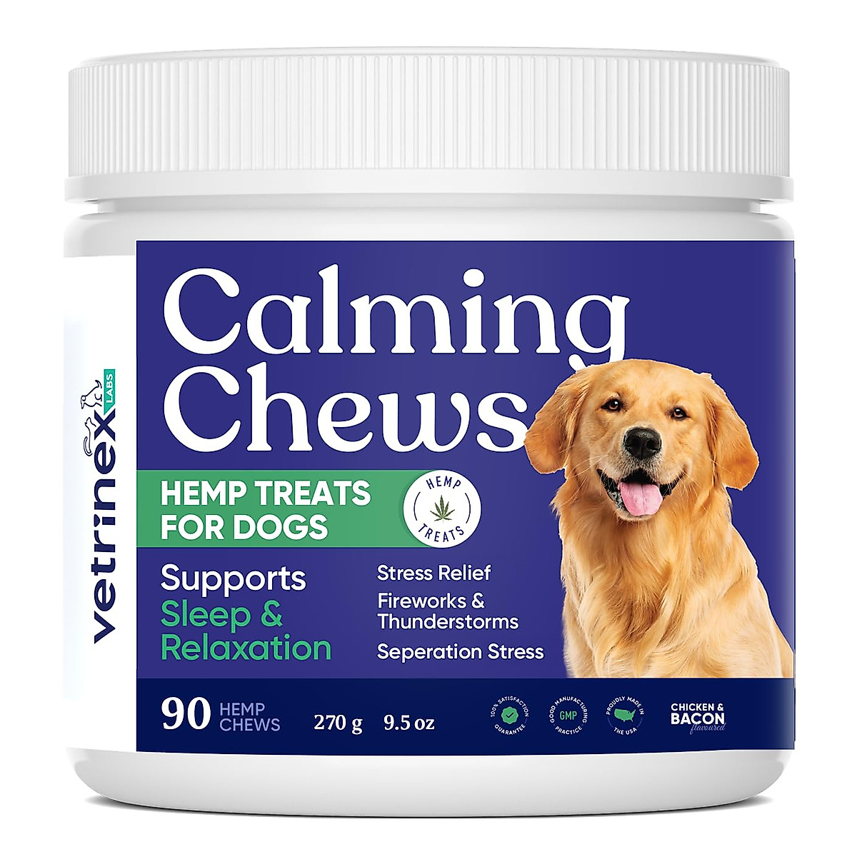 Calming Hemp Chews for Dogs - Pet Supplements for Anxiety Relief & Stress, Thunderstorms, Barking and Fireworks - Chicken & Bacon Flavour - 90 Treats