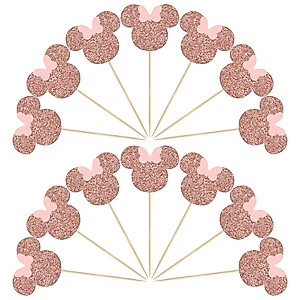 Gyufise 36Pcs Mouse Inspired Cupcake Toppers with Pink Bow Rose Gold Glitter Mini Mouse Cupcake Picks Decorations for Baby Shower Wedding Kids Birthday Party Supplies