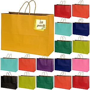 BLEWINDZ 50Pcs Kraft Gift Bags Bulk Large Size 16"x6"x12", Colorful Paper Bags with Handles, Shopping Bags for Grocery, Party Favor Bags, Wedding Bags (10 Colors)