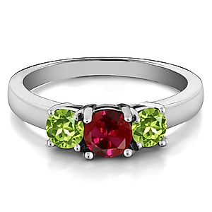 Gem Stone King Red Created Ruby and Green Peridot 925 Sterling Silver 3-Stone Women's Ring (1.20 Cttw Round Cut) (Size 6)