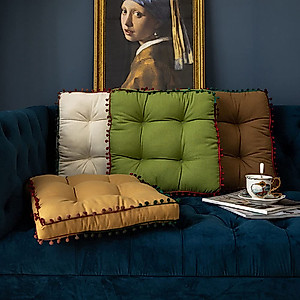 vctops Colorful Pompoms Cotton Linen Chair Pad Super Soft Comfy Chair Seat Cushion for Dining Chairs, Office Chairs, Hardwood Floors (White, 16"x16")