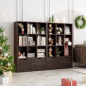Senfot Bookcase 9 Cube, Modern Bookshelf Storage Cabinet with 2 Large Drawers, Free Standing Storage Organizer Book Shelves for Living Room, Office, Study, Brown