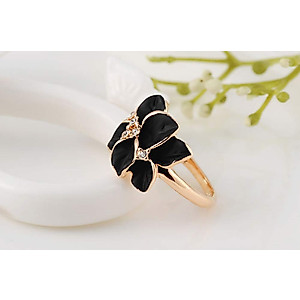 ACEFEEL Rose Gold Plated AAA Zircon Crystal Luxurious Black Enamel Flower Design Cocktail Ring Size 8