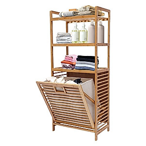 DOONARCES 4-Tier Bamboo Laundry Hamper Tilt Out, Laundry Basket with Shelves &Handle Shower Caddy Shelf Rack Bathroom Cabinet Organizer for Bedroom Laundry Room Bathroom