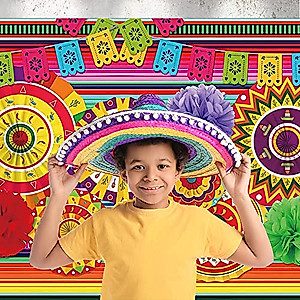 MAQTT Mexican Fiesta Backdrop for Party Decoration Coloful Horizontal Stripes Flags and Fiesta Paper Fans Photography Background for Weding or Baby Shower Supplies 7x5ft
