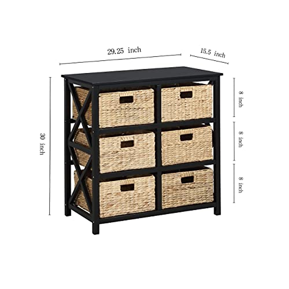 eHemco 3 Tier X-Side End Storage Cabinet with 6 Wicker Baskets, Black