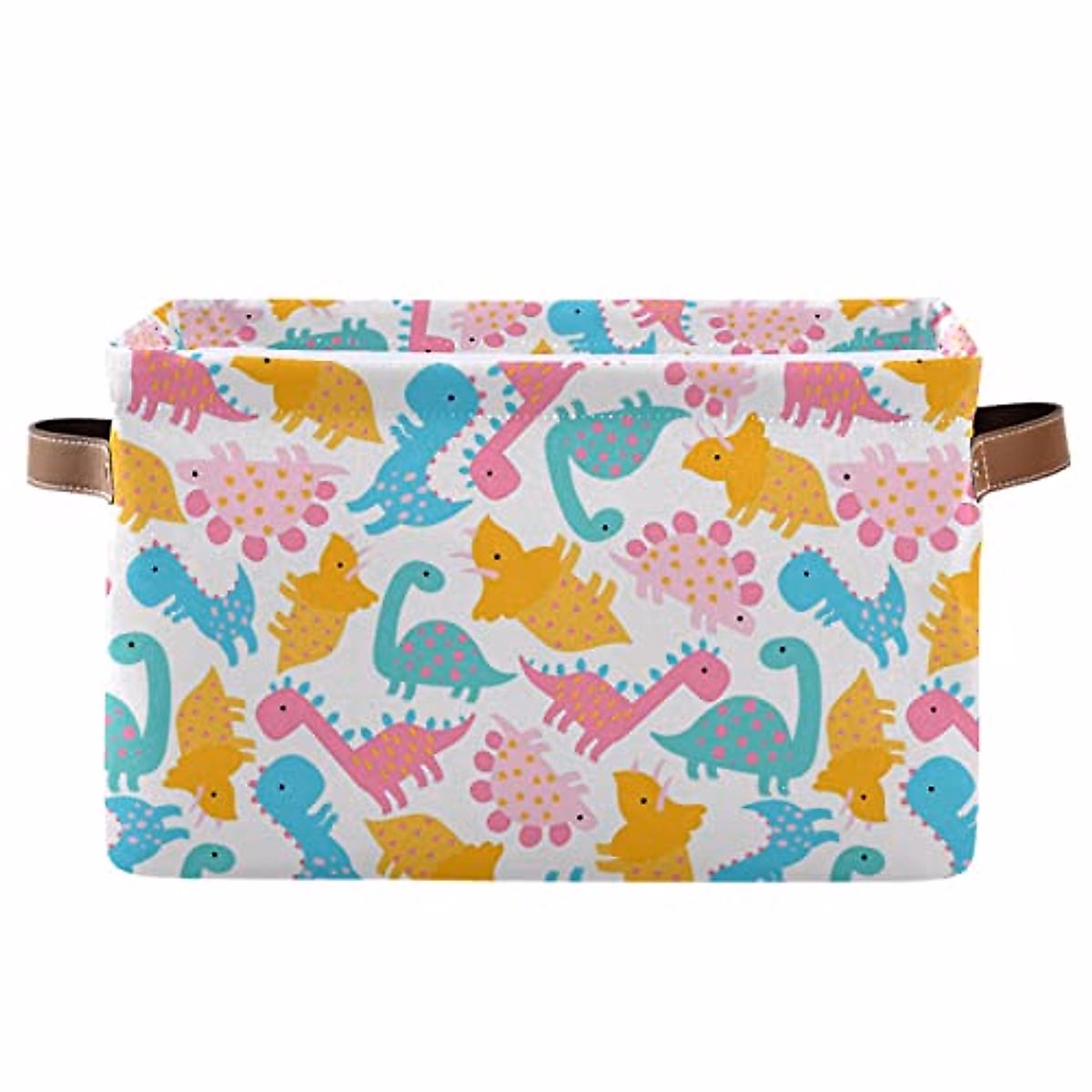 Kigai Dinosaur Storage Basket Collapsible Rectangle Storage Bin Shelves Basket Organizer with Leather Handle for Closet, Office, Nursery, Home Decor