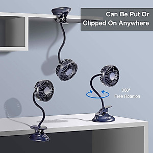 Clip on Fan Usb Battery Operated Desk Clip Fan with Emergency Power Bank, Baby Stroller Fan Rechargeable Personal Fan Flexible Neck 3 Speeds Great for Beach Car Camping Dorm Bed Office-Navy Blue