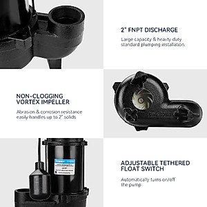 Acquaer 1/2HP Submersible Sewage/Effluent Pump, 6000 GPH, Cast Iron, Automatic Tethered Float Switch, 115V Sump Pump for Sump Basin, Residential Sewage, Basement, 2'' NPT Discharge