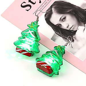 Cute Christmas LED Lights Dangling Hook Earrings for Women Teen Girls Santa Claus Christmas Tree Snowflake Snowman Light Up Dangle Charm Drop Glowing in The Dark Huggie Hook Hoop Earring Stud Fashion Xmas Jewelry Gifts Hypoallergenic (Christmas Tree)