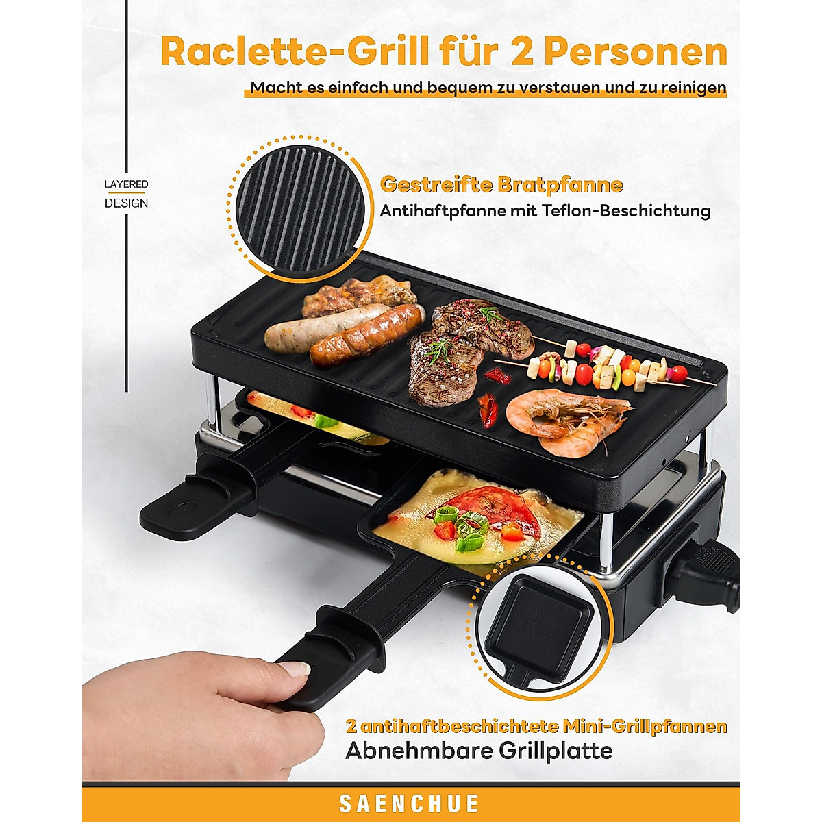Saenchue 2-Person Raclette Table Grill - Indoor Non-stick Electric Grill Griddle - Series Connection Contact Grill up to 4 Grills, 2 Paddles Included, 2 Packs, BC-02