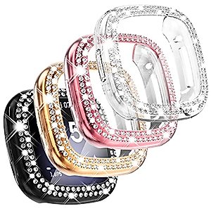CHANCHY 4 Pack Compatible with Fitbit Versa 3 Screen Protector Case, Soft TPU Full Protective Case Cover Bumper Bling Crystal Diamond Frame for Fitbit Versa 3 Smart Watch, Rose Gold/Pink/Clear/Black