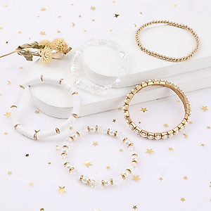 MAKERSLAND White Bracelets Cute Clay Beaded Crystal White Cute Bracelet Set for Women, 5Pcs Strand Stretch Preppy Heishi Bracelet Beach Bohemian Layering Bracelet Jewelry for Teens