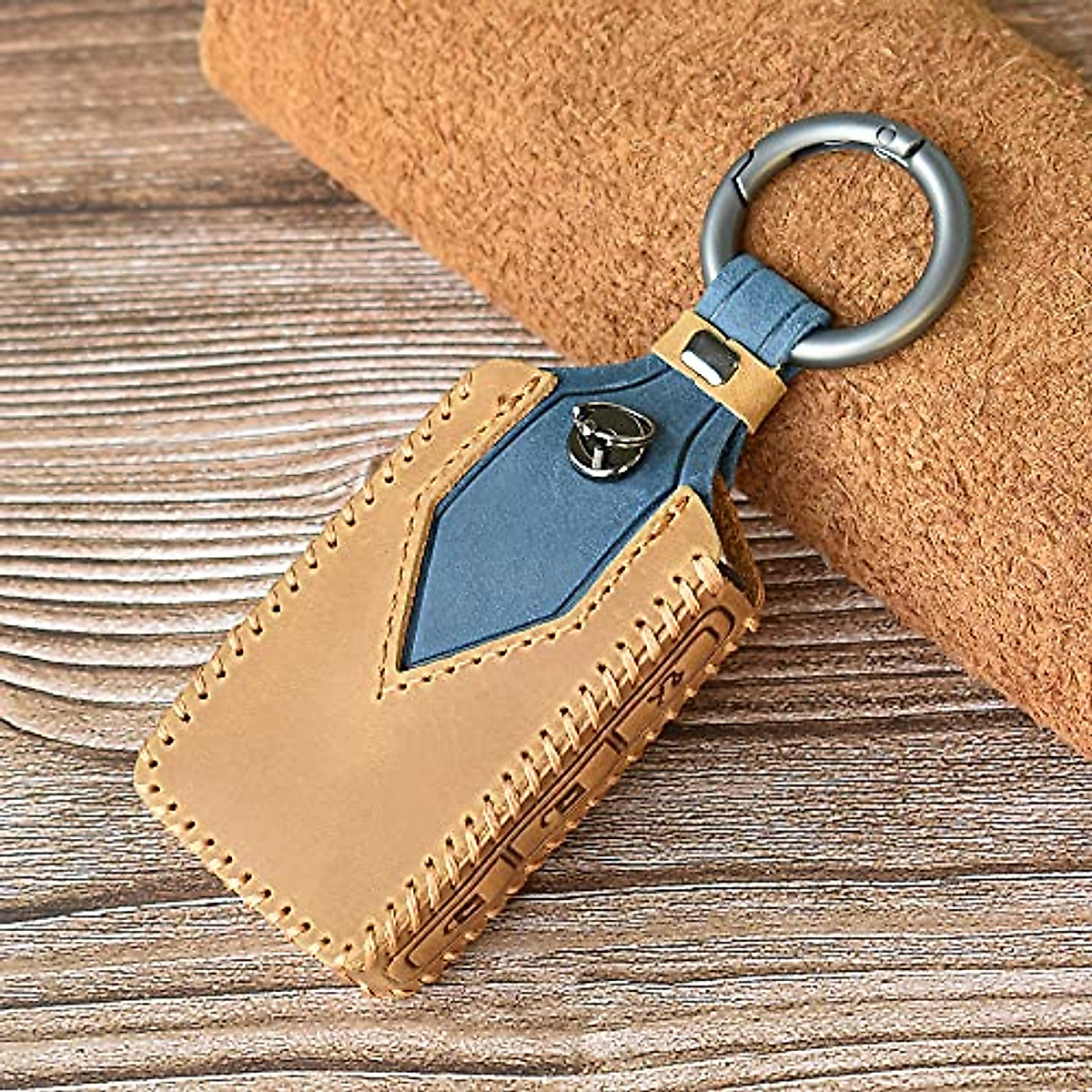HIBEYO Leather Smart Key Fob Case Compatible with Volvo XC40 XC60 XC90 S90 V90 Car Key Fob Cover Remote Keyless Entry Full Protection Shell 2019 2021 Keychains Auto Accessories Holder Protector-Brown