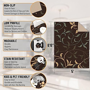 Machine Washable Leaves Design Non-Slip Rubberback 5x7 Traditional Area Rug for Living Room, Bedroom, Kitchen, 5' x 6'6", Brown