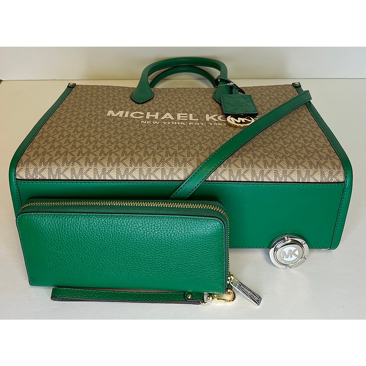Michael Kors Mirella MD EW Logo Tote Bag bundled with Large Continental Wallet and Purse Hook (Palmetto Green)