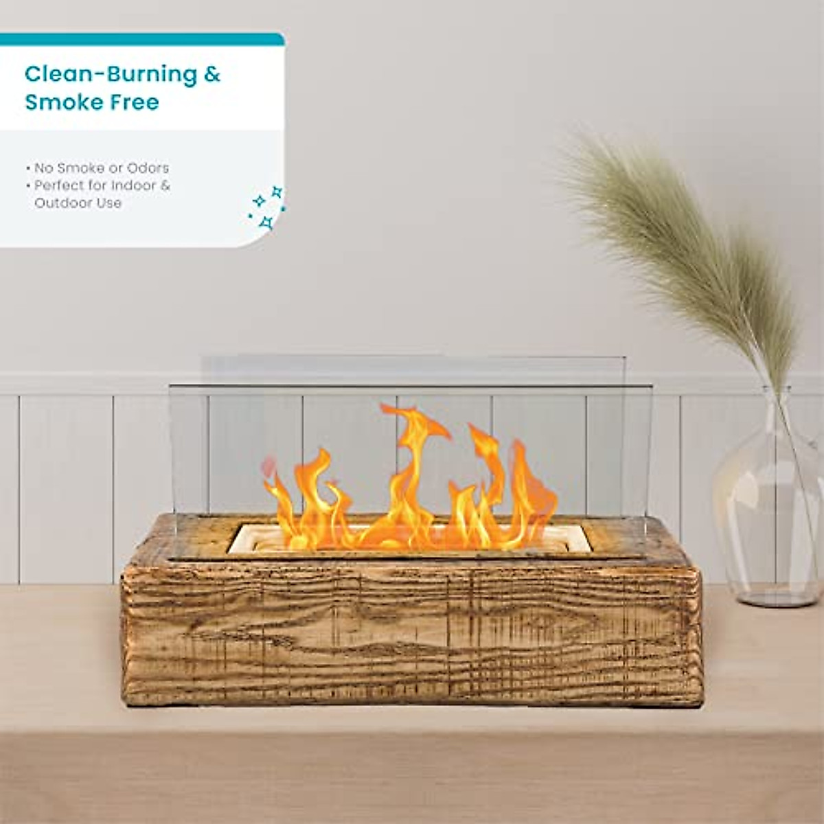 Home Zone Living Concrete Portable Tabletop Rectangle 13” Mini Fire Pit Bowl w/Wick, Indoor, Outdoor Use, Patio, Deck, Balcony Safe, Ethanol Alcohol, Smokeless, Long Burning, Fireplace, Soot Free