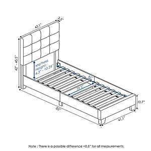 Furinno Laval Button Tufted Upholstered Platform Bed Frame, Twin XL, Glacier