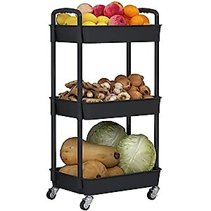 JIUYOTREE 3-Tier Rolling Storage Cart Utility Cart with Lockable Wheels for Living Room Bathroom Kitchen Office Black
