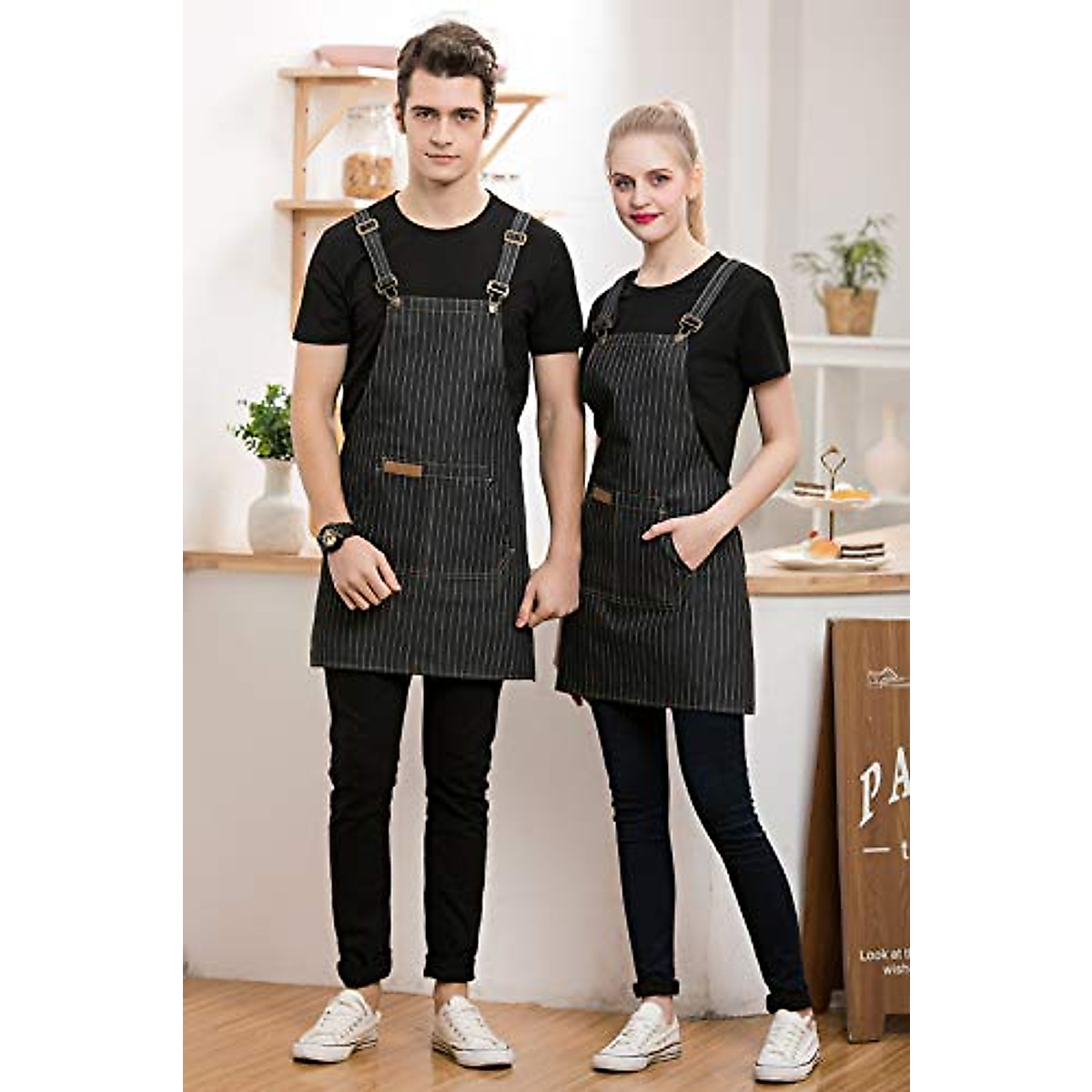 Denim Cross-Back Chef Bib Apron with Pockets for Men and Women (Black Stripe)