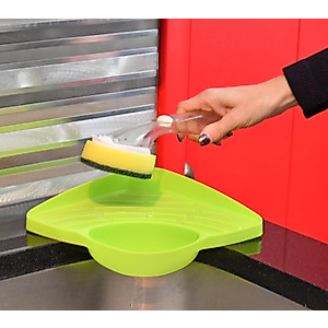 HOME-X Sponge Holder Kitchen Decor, Triangle Sink Corner Shelf - Storage Rack Suction Cup Holder Organizer for Dish Cloth Sponge Soap Cleaning Brush (Green)