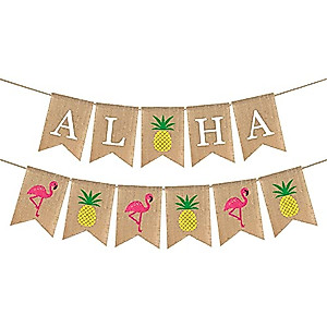 Whaline Hawaiian Aloha Burlap Banner Pineapple Flamingo Pattern Summer Garland Flag Pre-Assembled Tropical Theme Banner for Summer Beach Pool Barbecue Party Decoration Supplies, 2Pcs