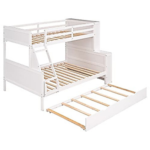 DEYOBED Twin Over Full Wooden Bunk Bed with Trundle and Shelves - Designed for Kids, Teens, and Adults, Enhancing Space and Organization in Bedrooms