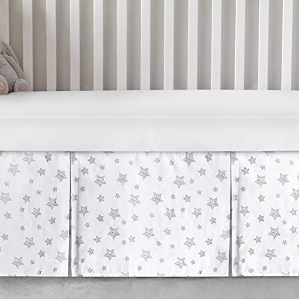 Crib Skirt Boy Girl Pleated Dust Ruffle Machine Washable, 14" Drop, Toddler Crib Bed Skirt White with Grey Star, Microfiber Nursery Standard Crib Bedding Skirt