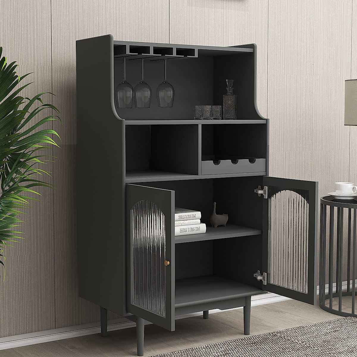 Loscear Wine Liquor Cabinet Bar for Home with Removable Wine Rack and Storage, Dark Grey Wood Coffee Bar Cabinets for Home with Solid Wood Legs and Tempered Glass Doors, 27.56”×15.75”×50.39”
