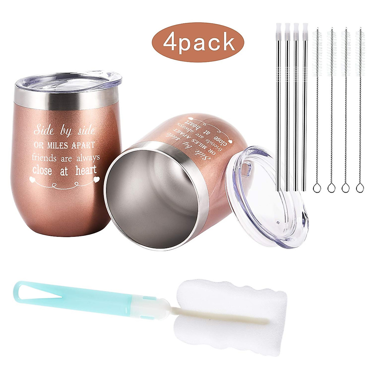 Friends Wine Tumbler Set of 4, Side By Side or Miles Apart Friends Are Always Close at Heart Wine Tumbler for Long Distance Friendship, 12 Oz Stainless Steel Insulated Wine Tumbler with Lid and Straw
