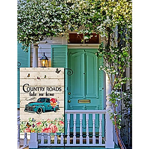Spring Garden Flag 12x18 Inch Double Sided,Blue Truck with Flowers Country Roads Take Me Home Yard Flag,Small Flag for Farmhouse Outdoor Decor