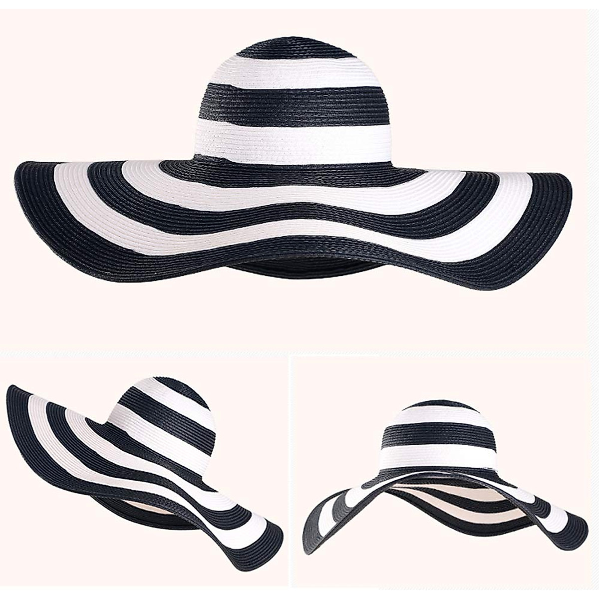 Women's Beachwear Sun Hat Black and White Striped Straw Hat Floppy Beach Hat Foldable Wide Brim Cap