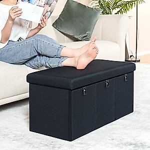 PINPLUS Storage Ottoman Bench with Drawers, 30inches Black Linen Fabric Folding Storage Chest Padded Seat Modern Dressing Stool, Footrest Shoe Bench for Bedroom Bathroom Living Room Entryway Offices