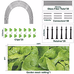 WADEO Garden Netting Kit, Greenhouse Covers 8X33Ft Bird Netting for Garden Protection for Raised Beds Vegetable, Including Finest Mesh Netting, Rust-Free Fiberglass Support Hoops Frame