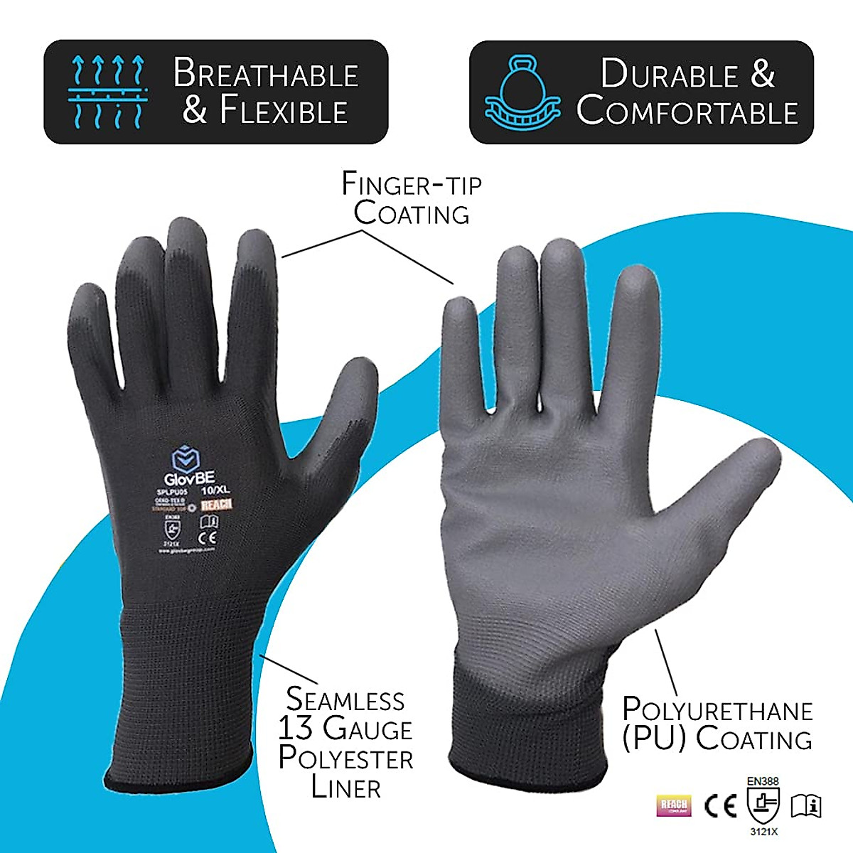 GlovBE 12 Pairs Gardening Working Thin Gloves, Polyurethane (PU) Coated, Safety Rubber Comfort Gloves for Men & Women, Black (Medium)