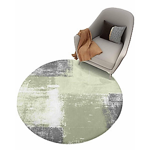 Modern Sage Green Fluffy Round Area Rug Carpets 5ft, Plush Shaggy Carpet Soft Circular Rugs, Non-Slip Fuzzy Accent Floor Mat for Living Room Bedroom Nursery Home Decor Abstract Grey White Painted Art