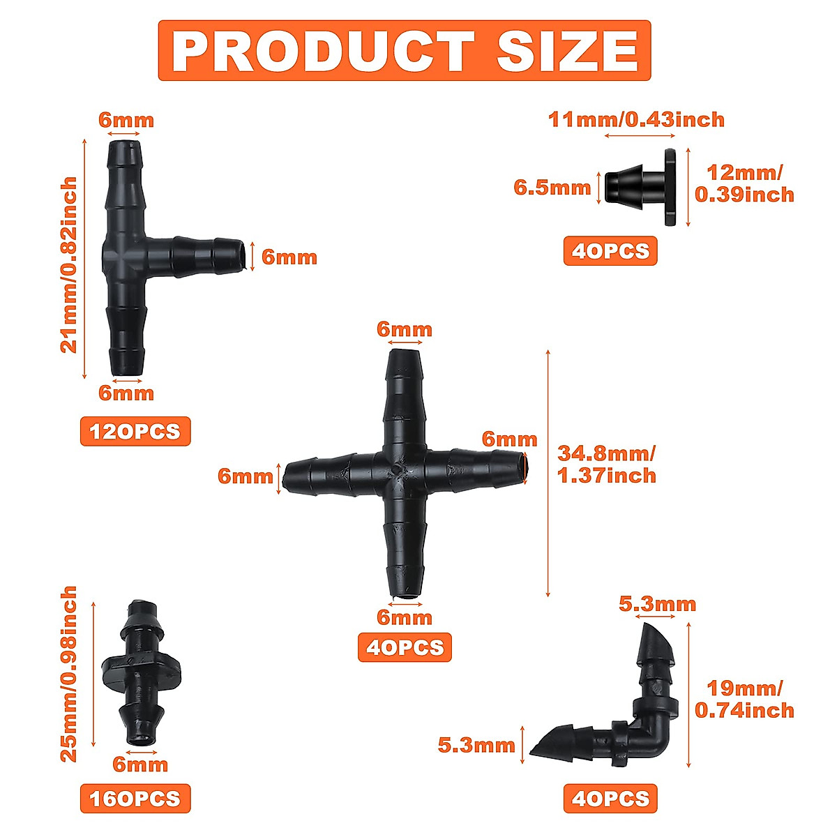 SanSanYa 400pcs Drip Irrigation Fittings Kit Drip Irrigation Barbed Connectors, 160 Straight Barbs 120 Tees 40 Elbows 40 End Plug 40 4-Way Coupling for 1/4 Inch Tubing Garden Dripping Systems