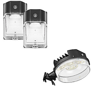 CINOTON 42W LED Barn Light Dusk to Dawn Outdoor Lighting, Black 1 Pack & 26W LED Wall Pack Light with Dusk to Dawn Sensor Daylight 2 Pack