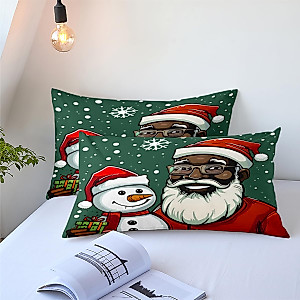 CCoutueChen Black Santa Claus Comforter Set Queen Size,Cute Cartoon Snowman Bedding Set for Kids Children,Green Christmas Holiday Decor Comforter,3Pcs Soft Warm Bed Set with 2 Pillowcases(90 * 90)