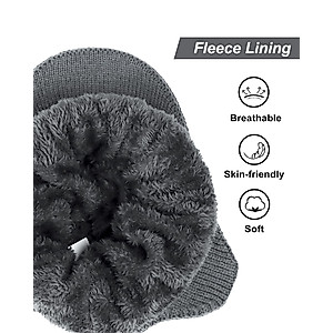 Koreshion Men's Winter Visor Beanie Hat with Earflaps Knit Baseball Cap with Brim Ski Hat Warm Fleece Lined Hunting Hat Grey
