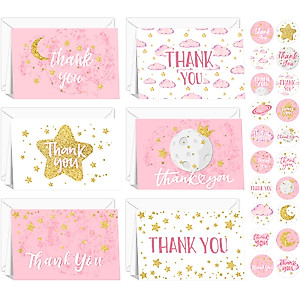 24 Pieces Stars Thank You Cards with Envelopes and Stickers for Baby Shower Party Supplies, Gold Foil Thanks Stickers Starry Delight Thanks Notes Stars Moon Gratitude Cards for Party Favors (Pink)